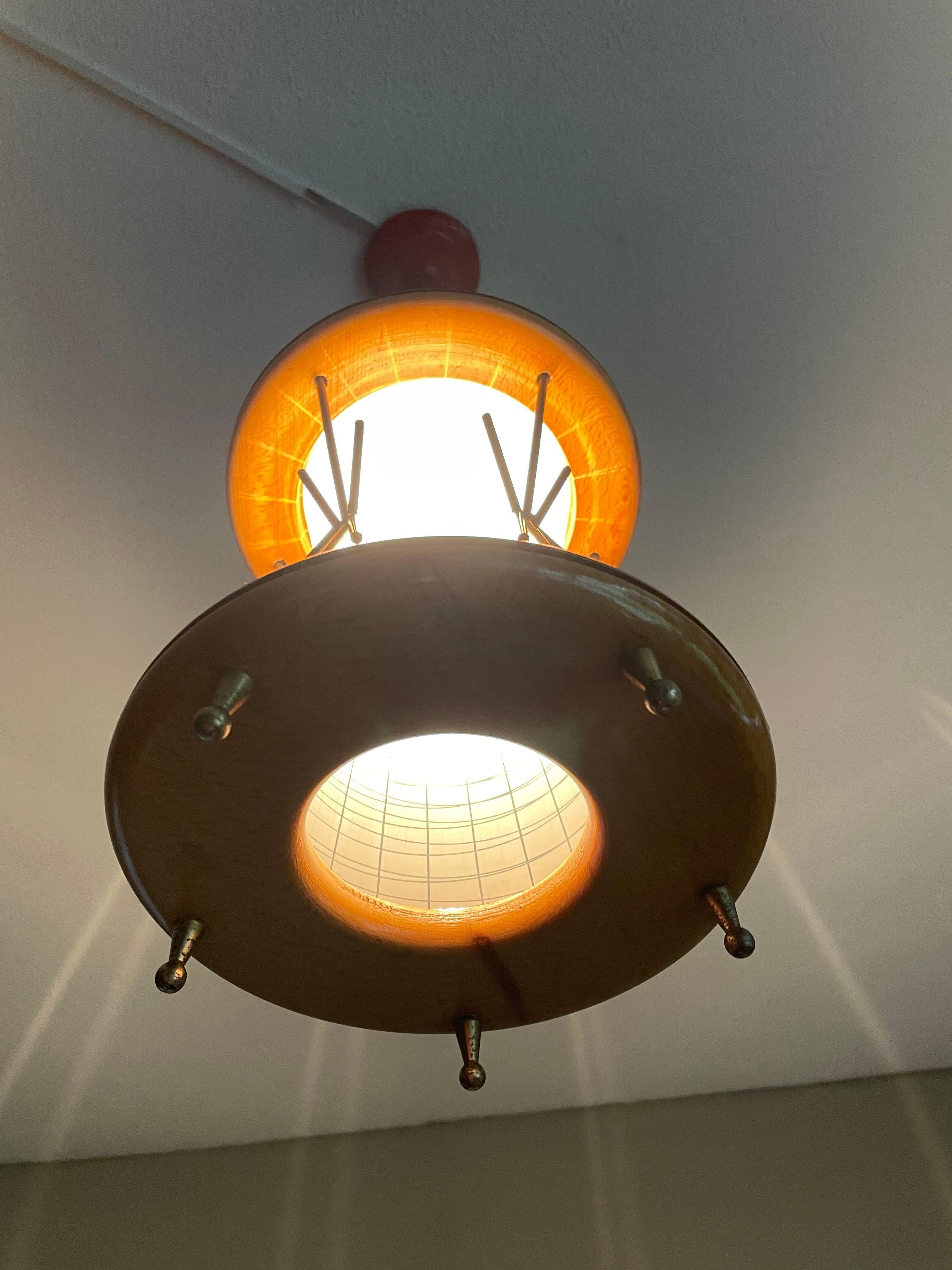 Mid-Century Modern Glass, Brass and Wood Pendant Light / Space Age ...