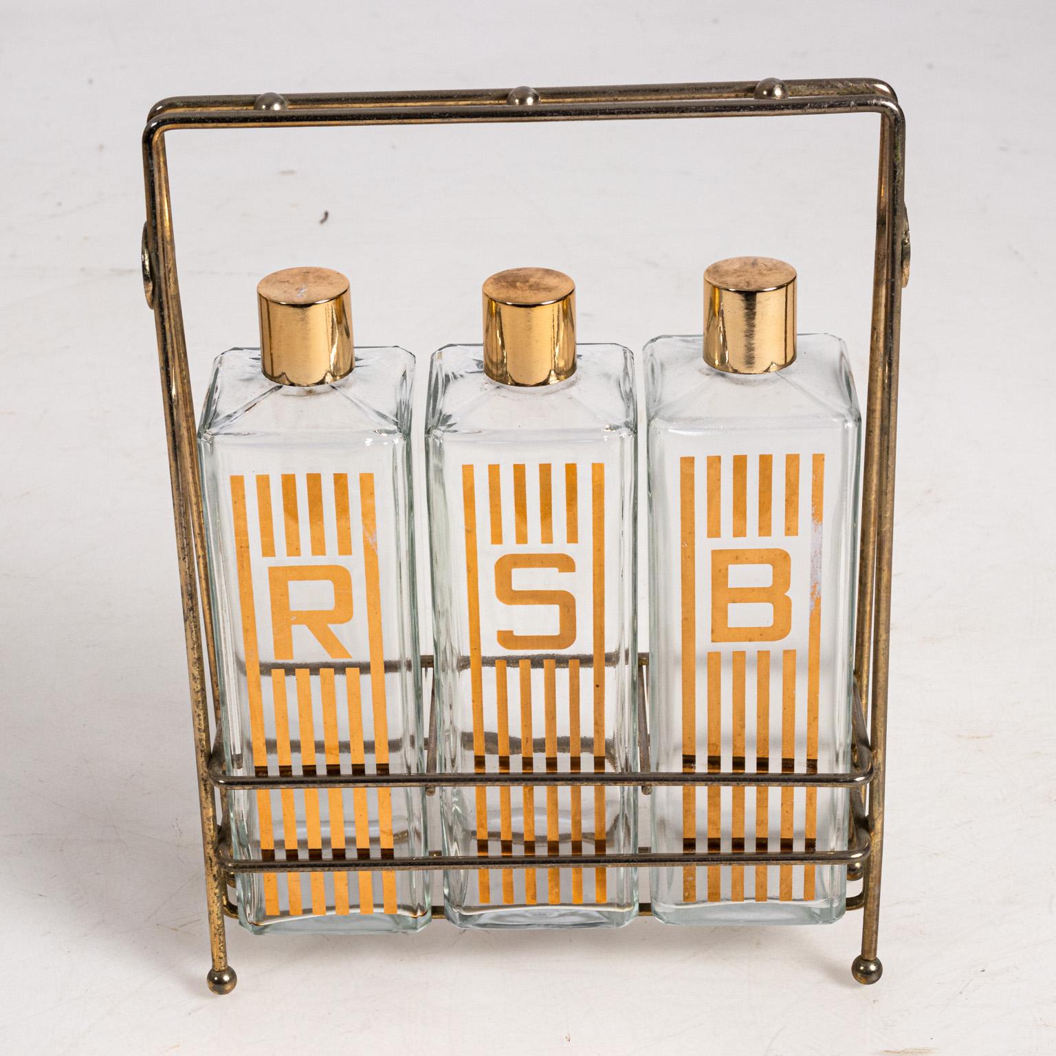Mid-Century Modern Glass Decanter Set with Brass Stand at 1stDibs