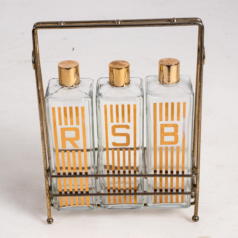 Mid-Century Modern Glass Decanter Set with Brass Stand at 1stDibs