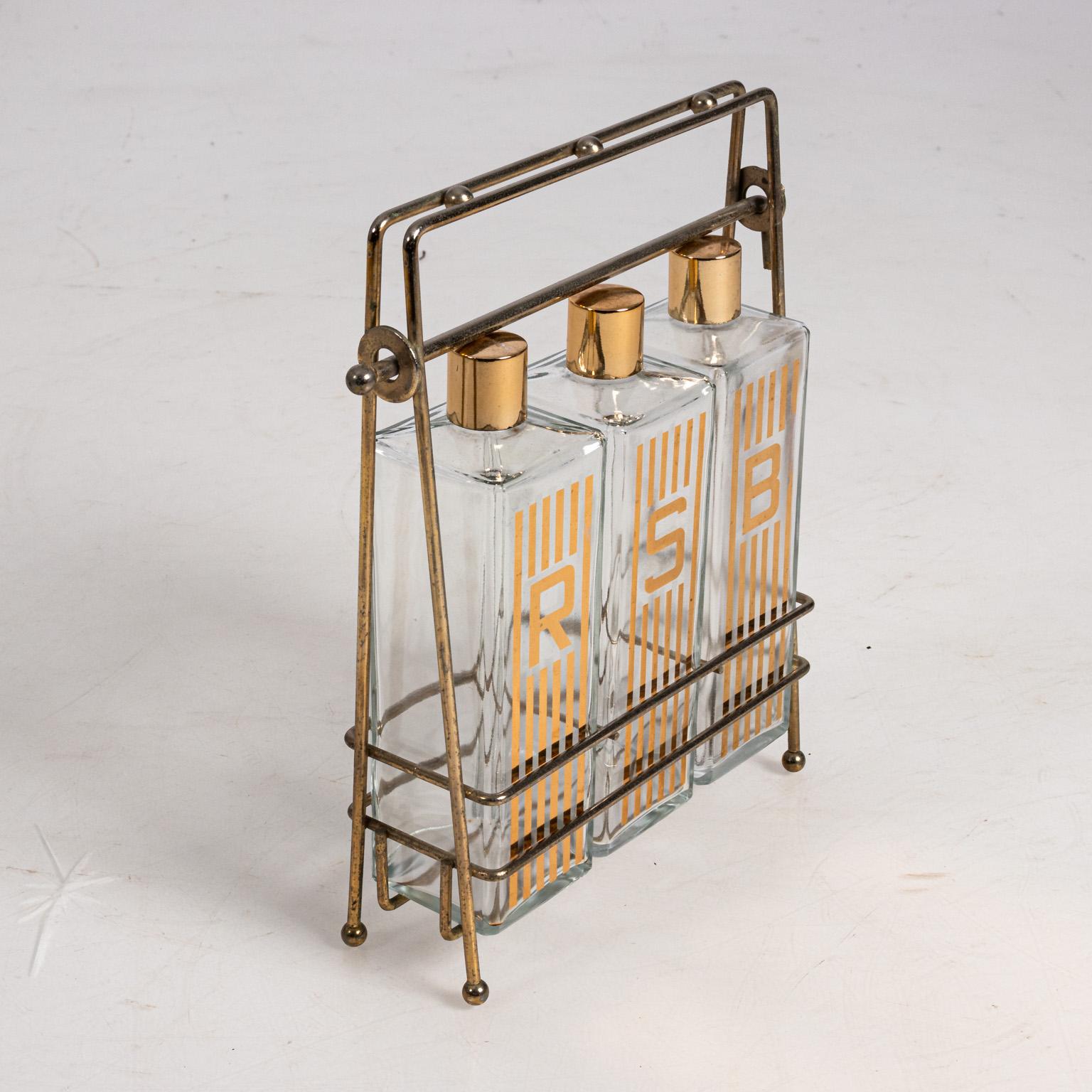 Mid-Century Modern Glass Decanter Set with Brass Stand at 1stDibs