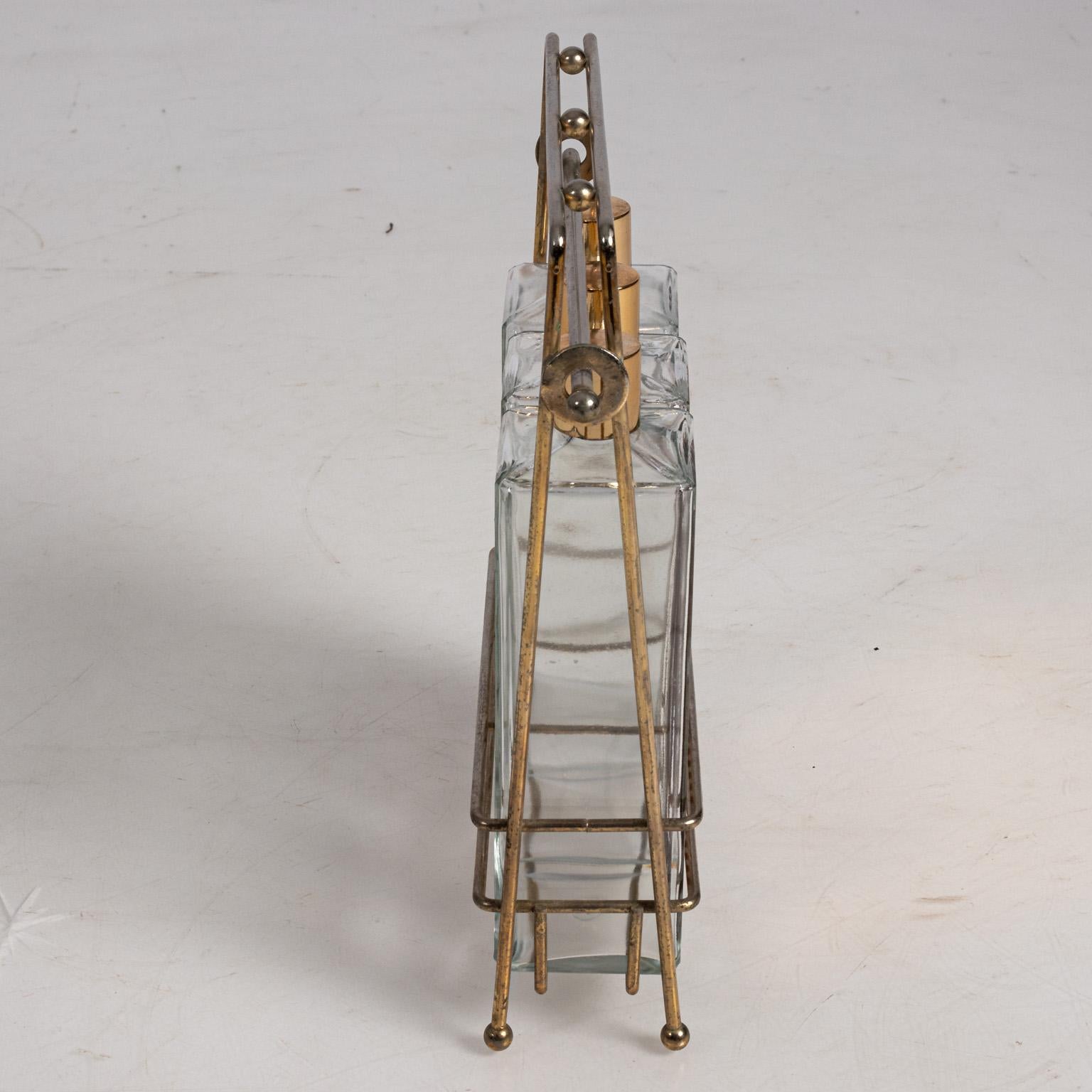 Mid-Century Modern Glass Decanter Set with Brass Stand at 1stDibs