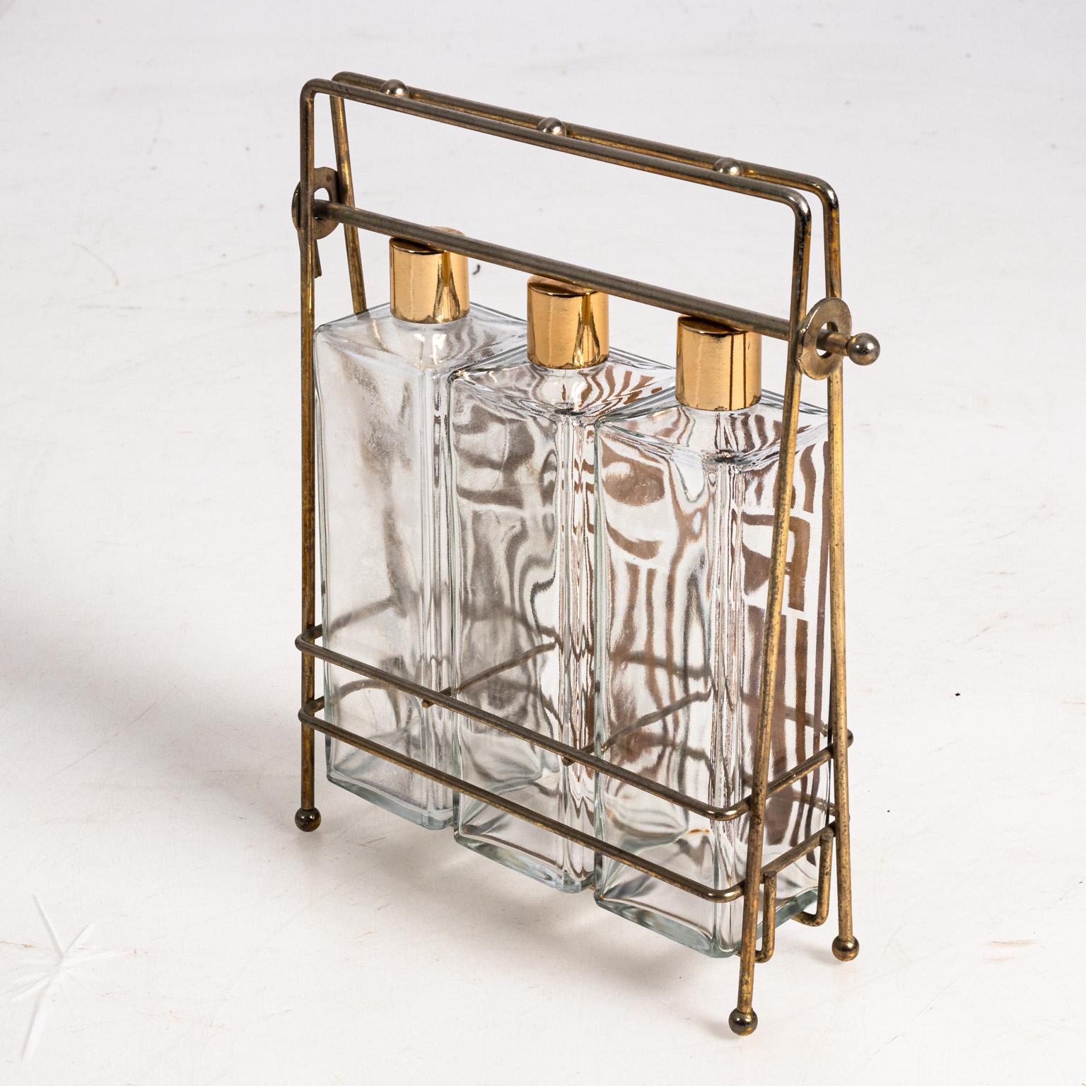 Mid-Century Modern Glass Decanter Set with Brass Stand at 1stDibs
