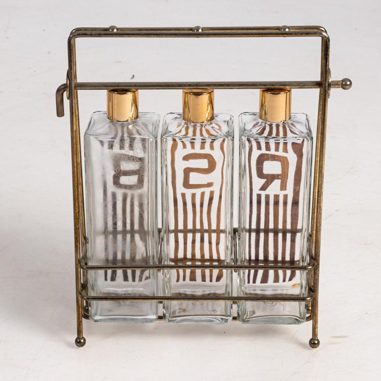 Mid-Century Modern Glass Decanter Set with Brass Stand at 1stDibs
