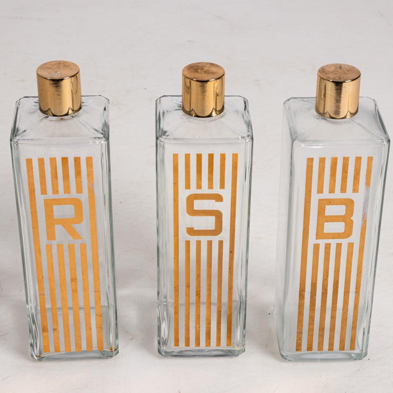 Mid-Century Modern Glass Decanter Set with Brass Stand at 1stDibs