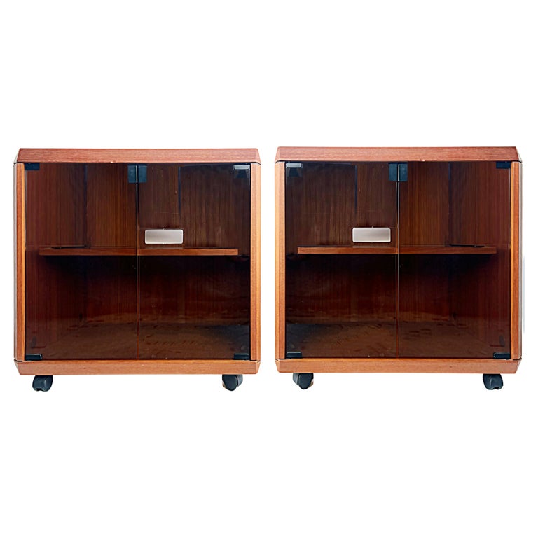 Mid-Century Modern Glass Door Teak Night Stands, Casters, Pair For Sale ...