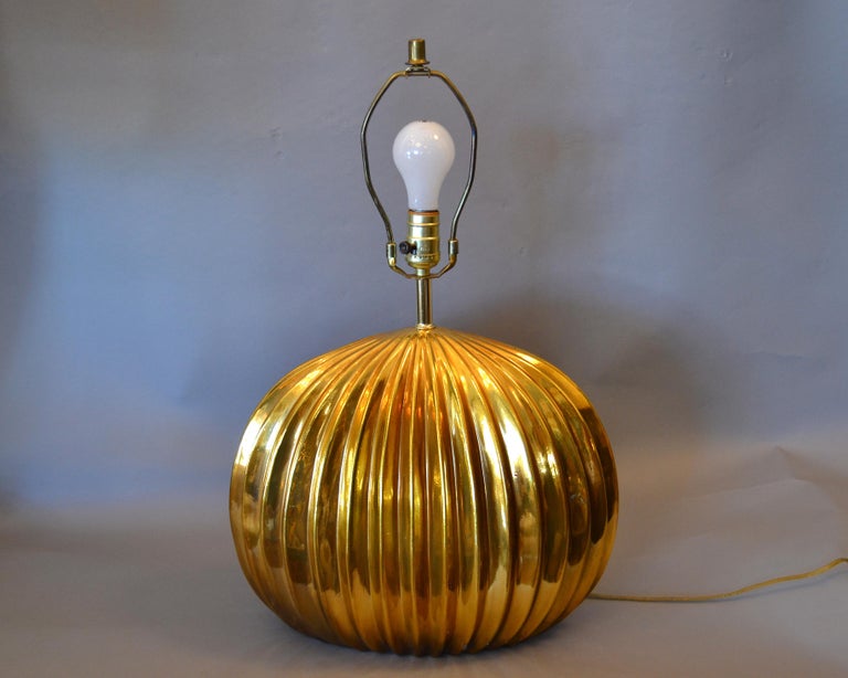 Mid-Century Modern Golden Ribbed Table Lamp with Oval Linen Shade ...