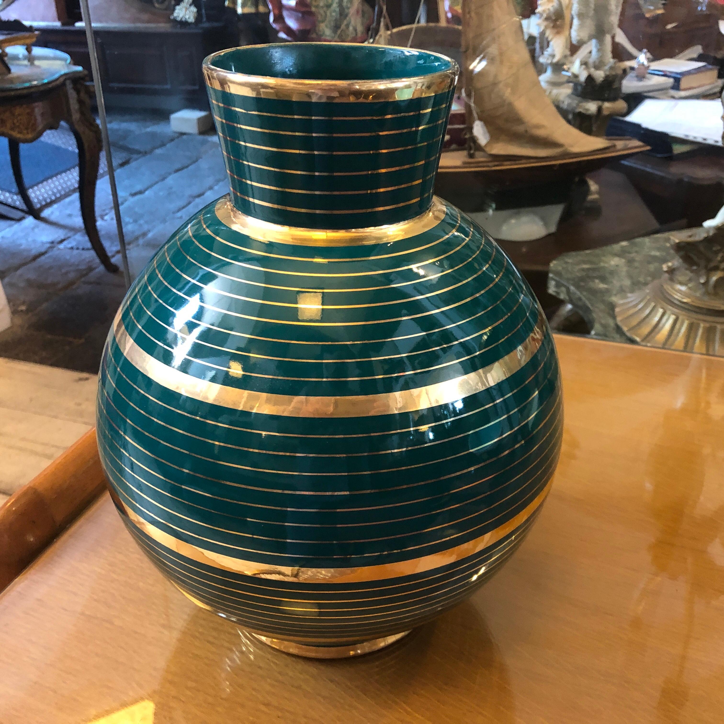 Mid-Century Modern Green and Gold Ceramic Vase in the Manner of Gio ...