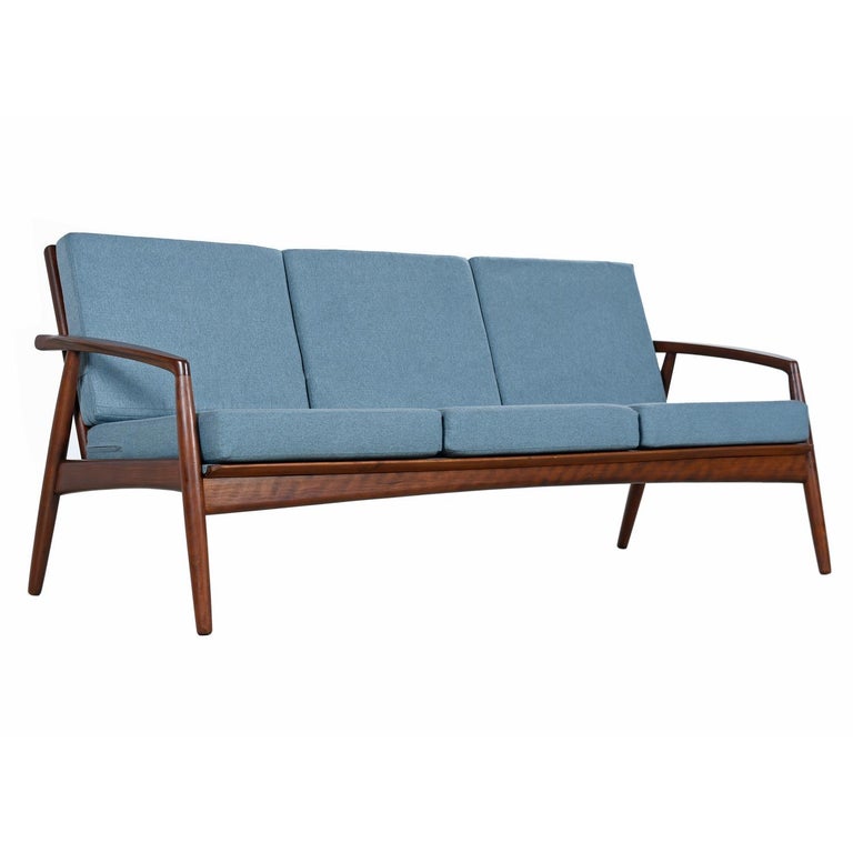 Mid-Century Modern Grete Jalk Style Three-Seat Walnut Frame Sofa Couch ...