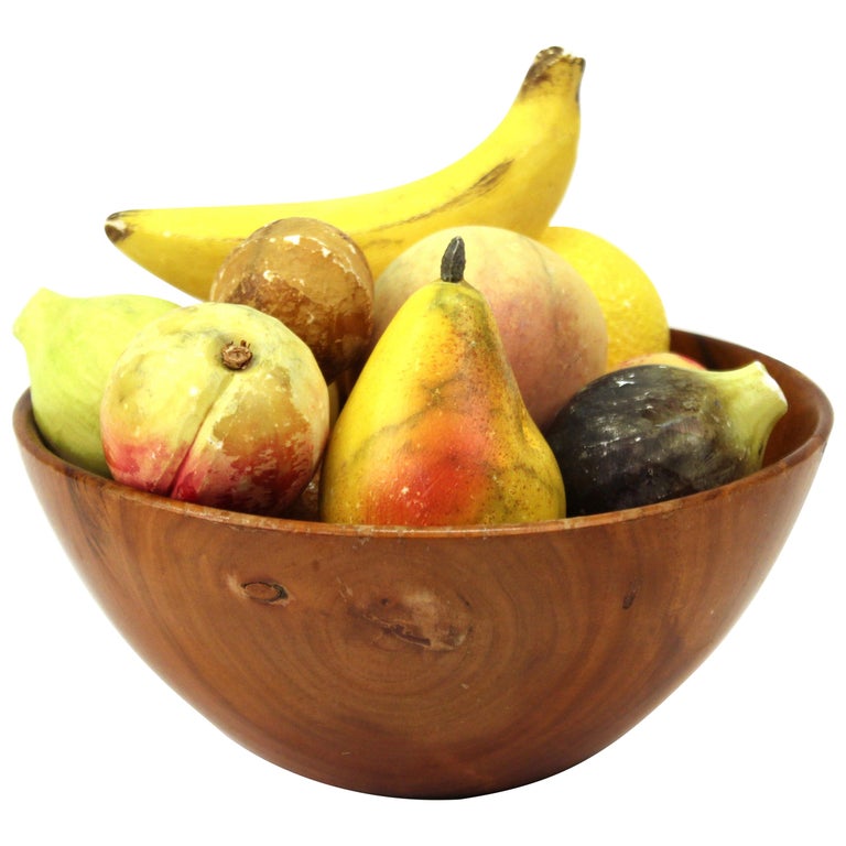 Mid-Century Modern Hand Carved and Painted Marble Fruit in Wooden Bowl ...