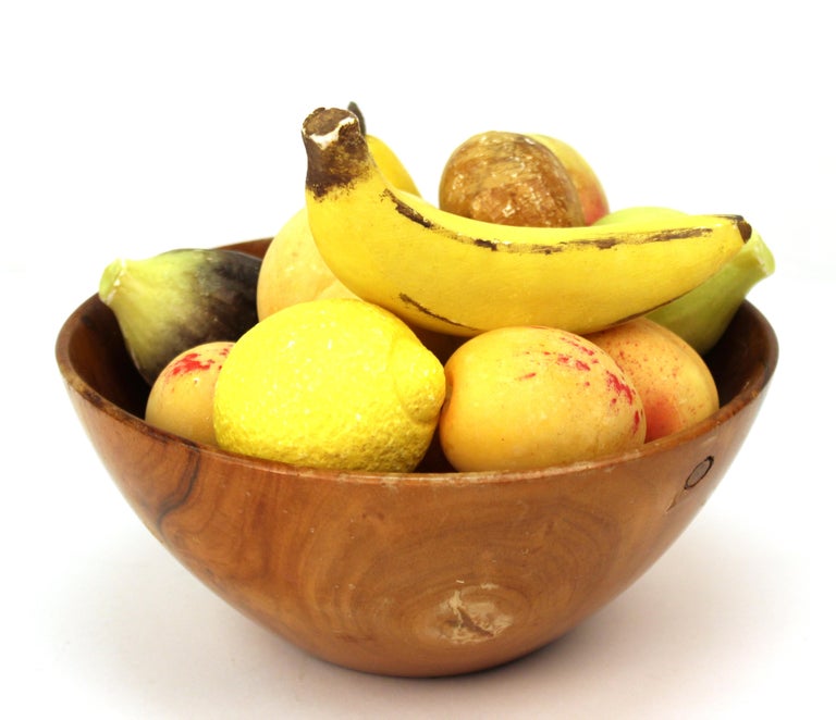 Mid-Century Modern Hand Carved and Painted Marble Fruit in Wooden Bowl ...