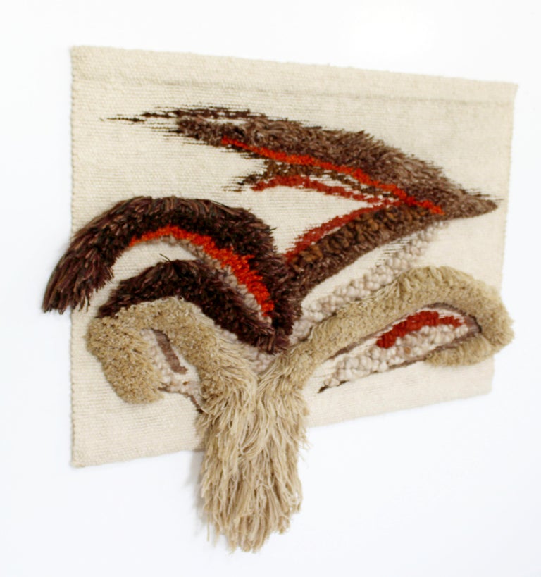Mid-Century Modern Hand Woven Wool Fiber Wall Art Abstract Brown Orange ...