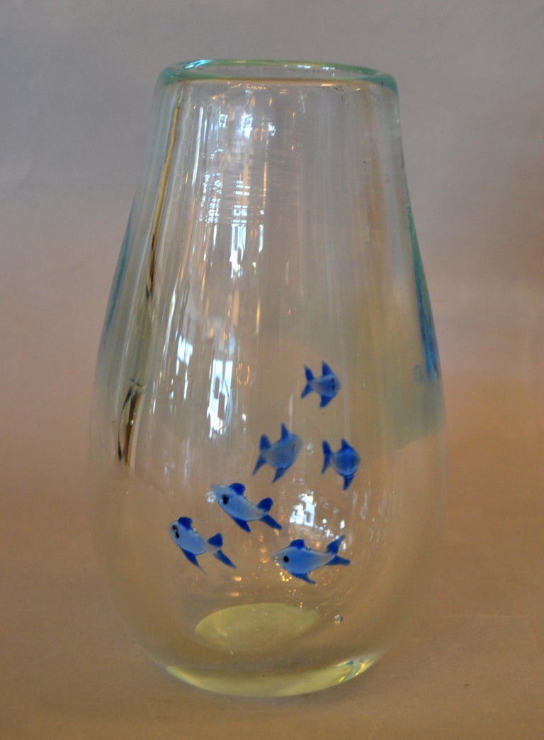 Mid-Century Modern Heavy Blown Clear Glass Studio Piece Blue Fish Vase ...
