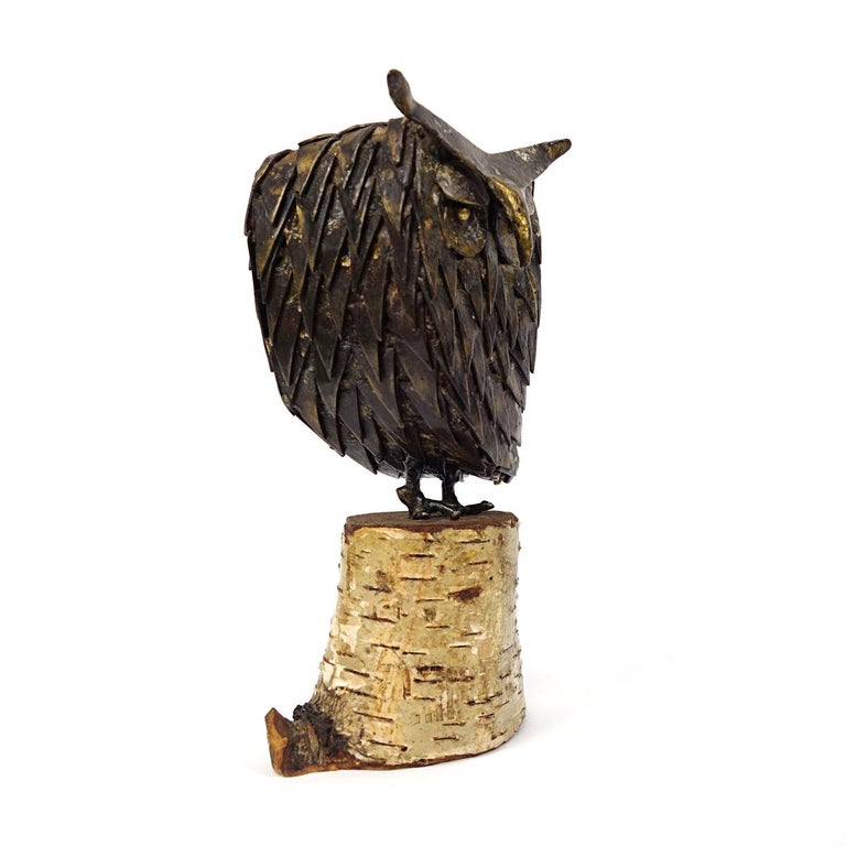 Mid-Century Modern Heavy Copper Owl Sitting on a Birch Trunk For Sale ...