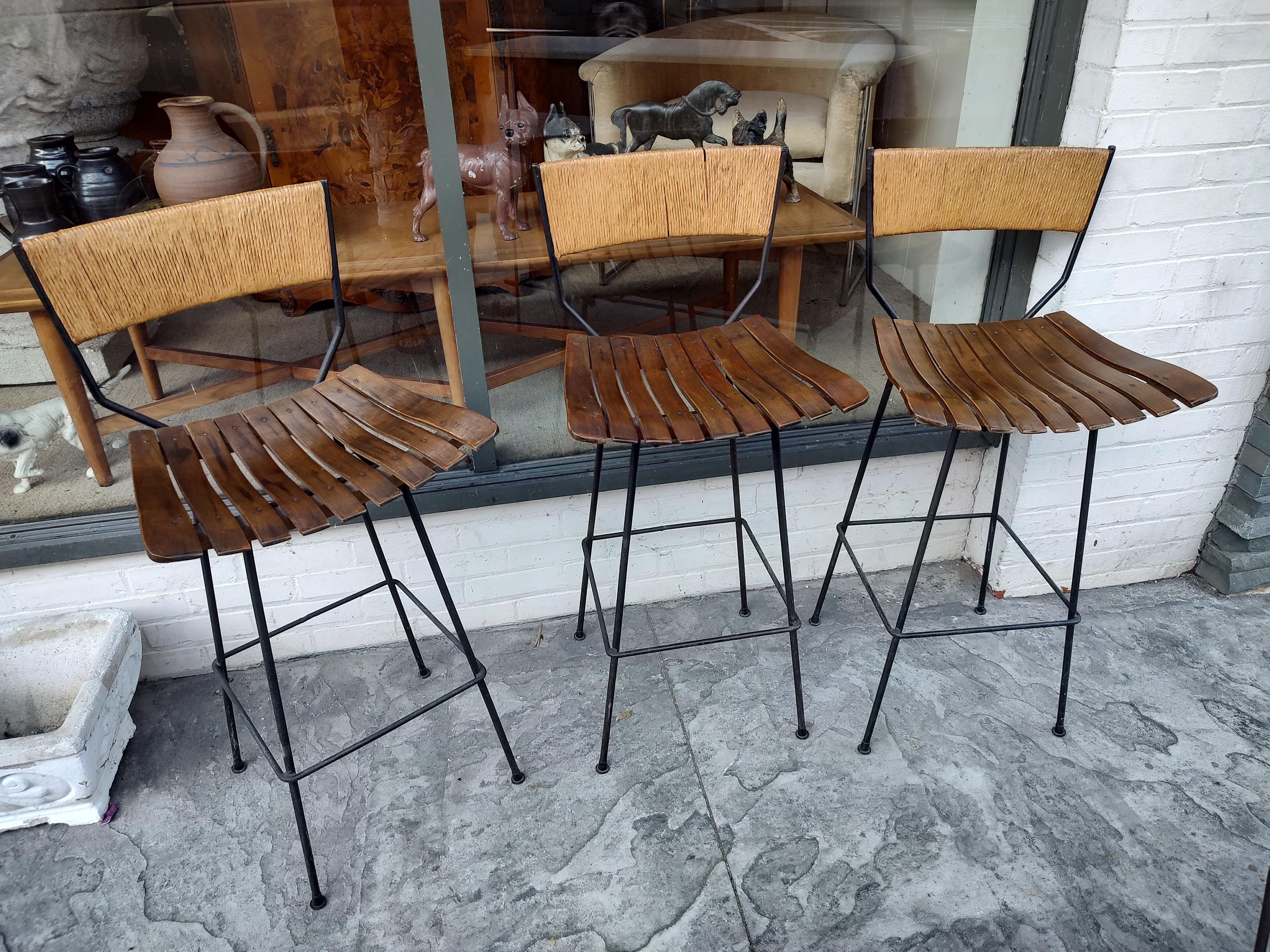 Mid Century Modern Iron Bar with Raffia and 3 Stools by Arthur Umanoff ...