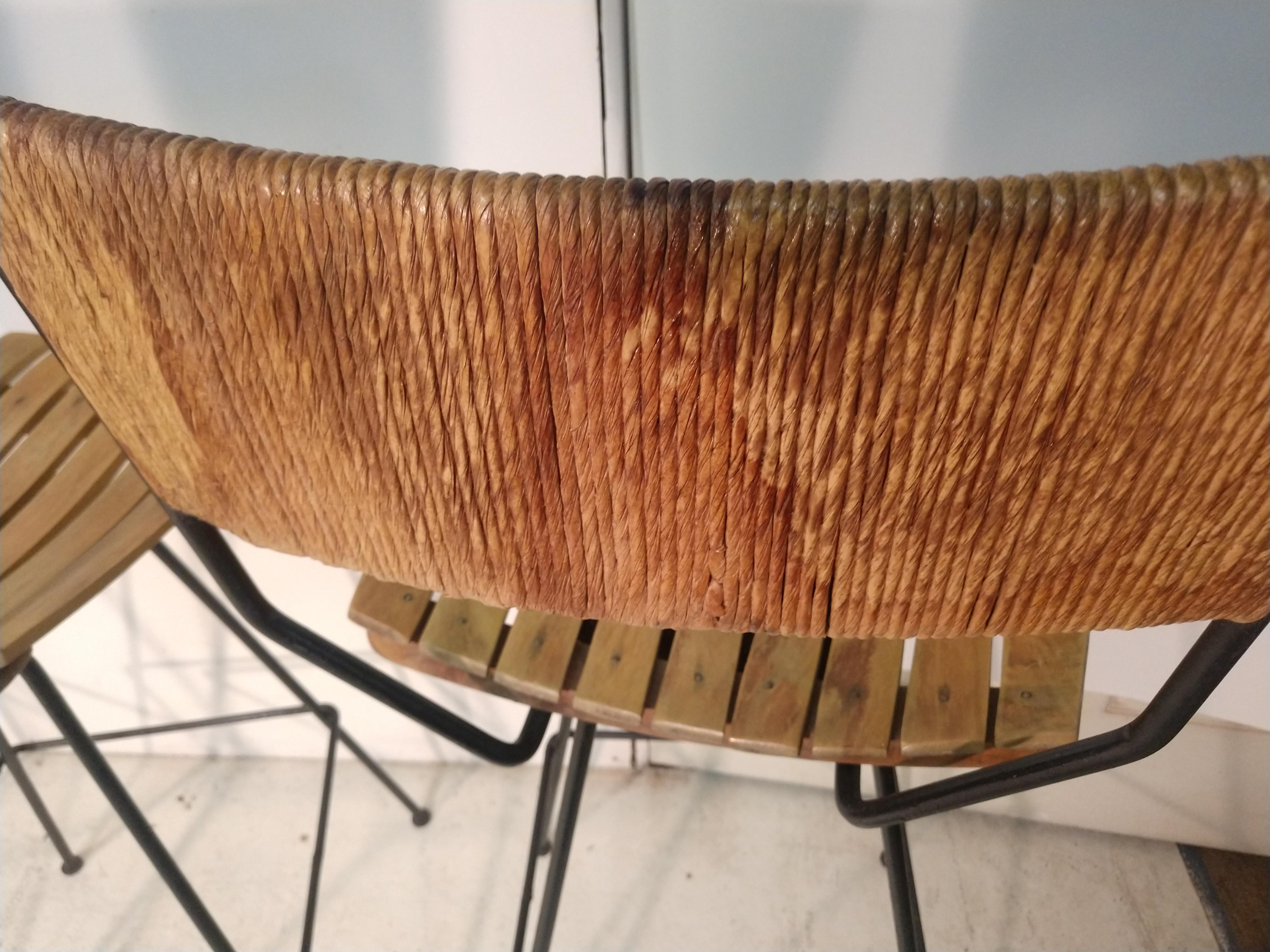Pair of Mid Century Modern Iron with Maple and Raffia Bar Stools Arthur ...
