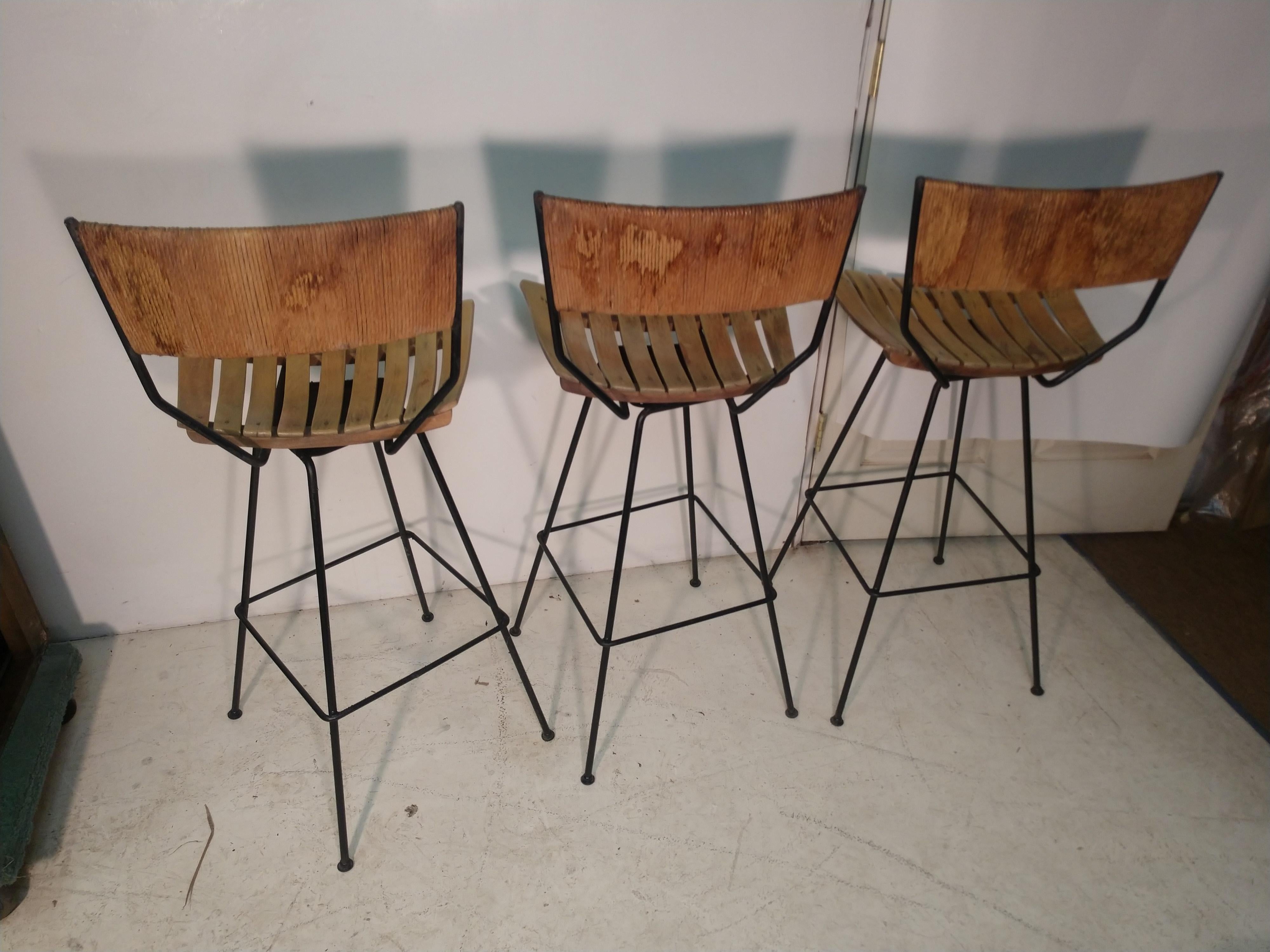 Pair of Mid Century Modern Iron with Maple and Raffia Bar Stools Arthur ...