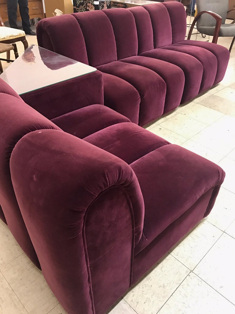 Mid-Century Modern Italia Italy Burgundy Velvet Modular Channel Sofa ...