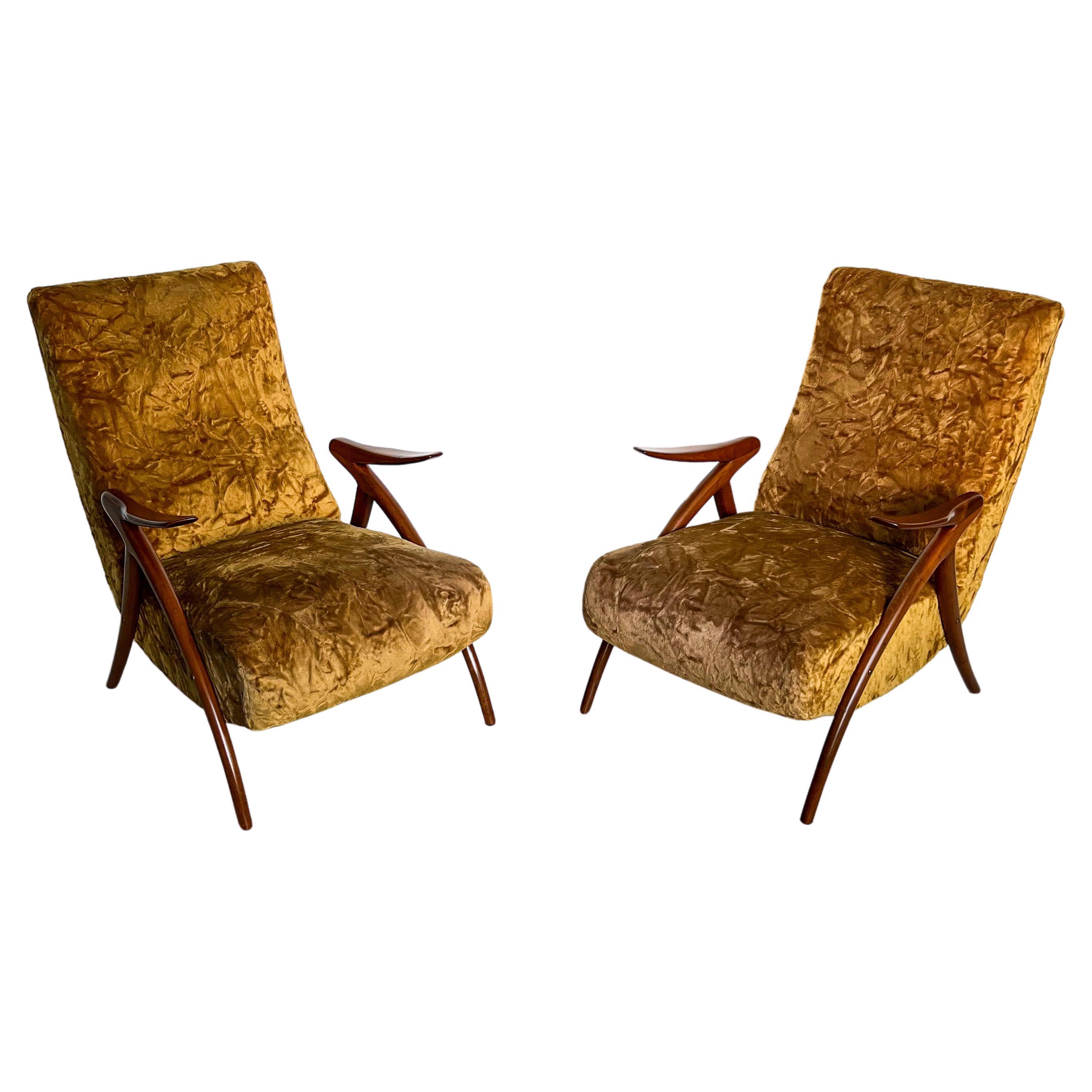 Mid-century modern Italian armchairs in wood and velvet, decorative ...