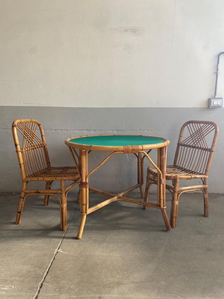 Mid-Century Modern Italian Bamboo Game Table Set with 2 Chairs, 1970s ...