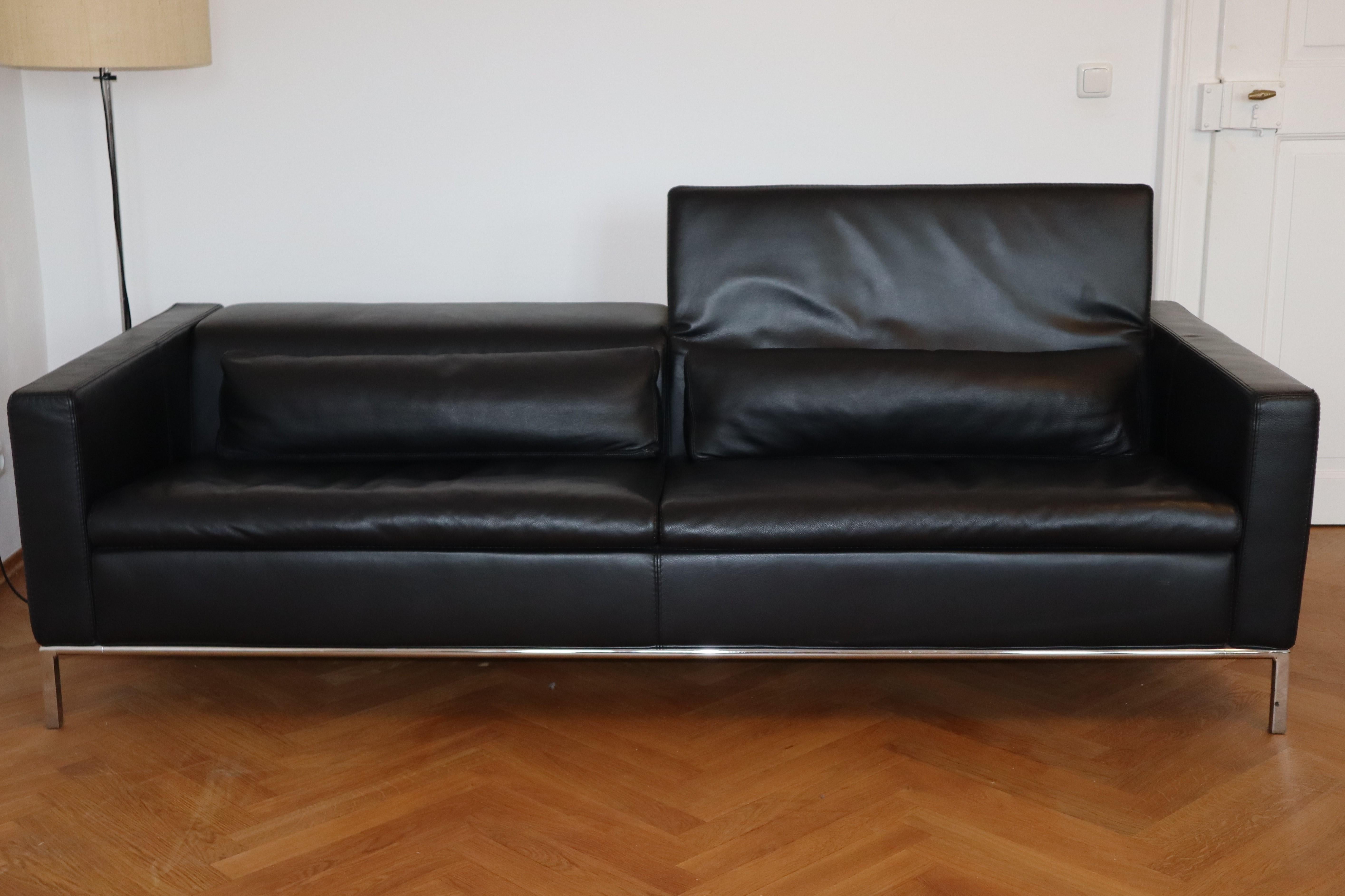 Mid-Century Modern Italian Black Leather Sofa, Chrome Legs at 1stDibs