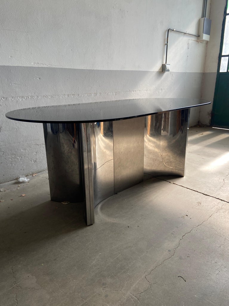 Mid-Century Modern Italian Dining Stainless Steel Table with Smoked ...
