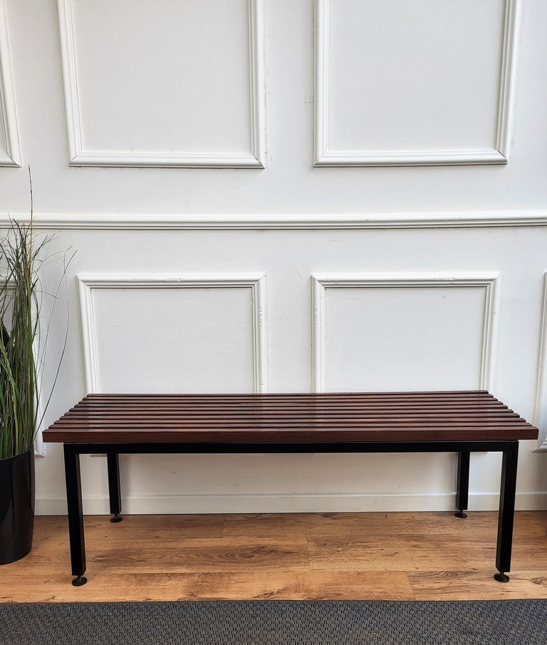 Mid-Century Modern Italian Metal Base Brass Feet Wooden Slat Bench For ...