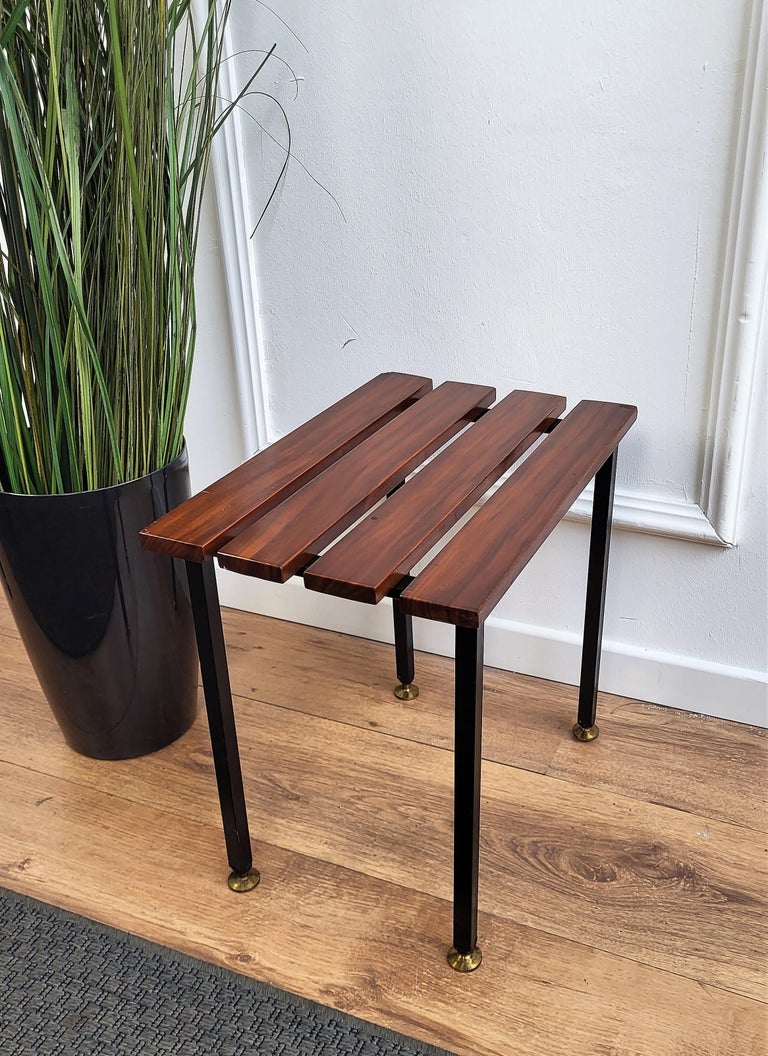 Mid-Century Modern Italian Metal Base Brass Feet Wooden Slat Stool For ...