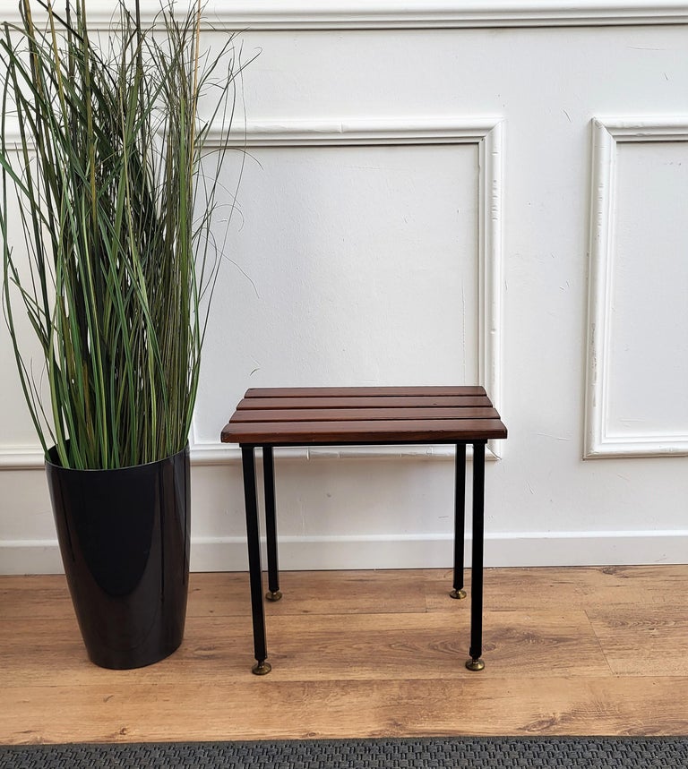 Mid-Century Modern Italian Metal Base Brass Feet Wooden Slat Stool For ...