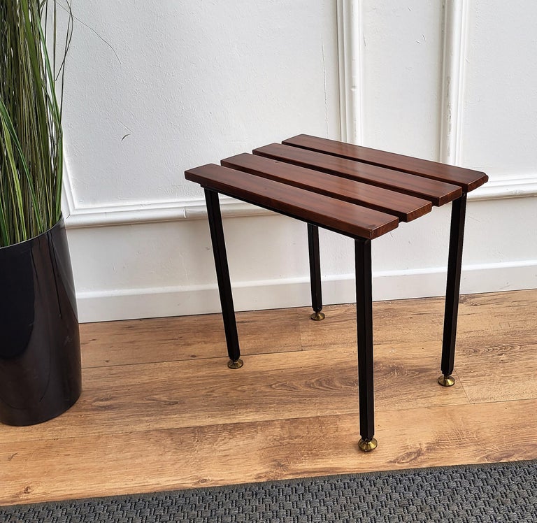 Mid-Century Modern Italian Metal Base Brass Feet Wooden Slat Stool For ...