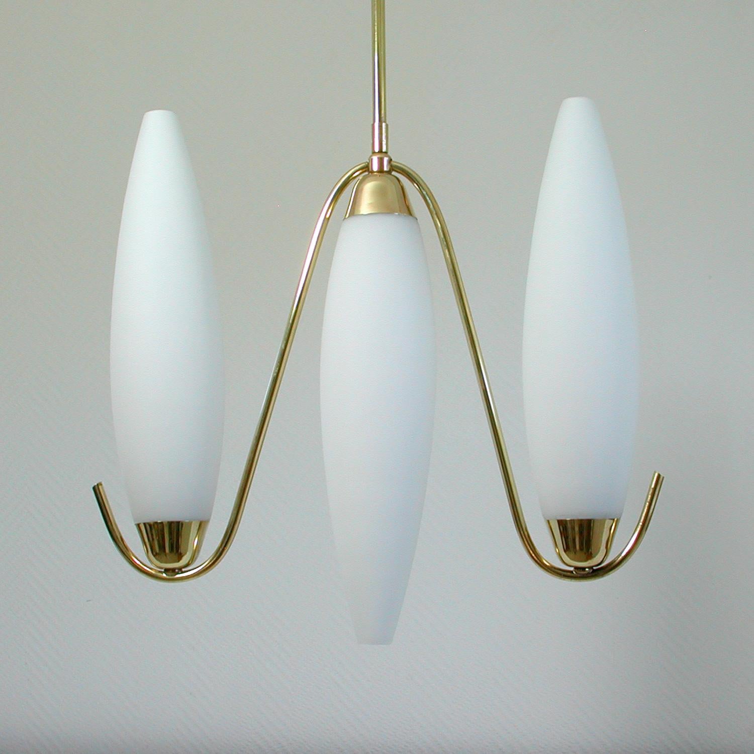 Mid-Century Modern Italian Satinated Glass and Brass Pendant Chandelier ...