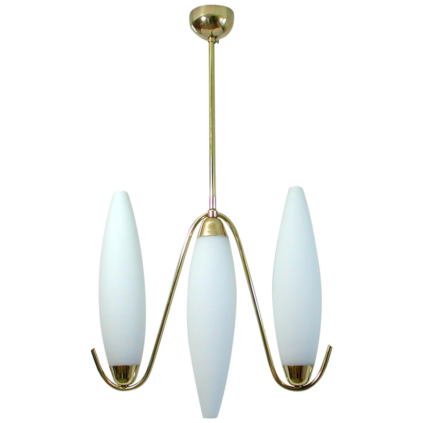 Mid-Century Modern Italian Satinated Glass and Brass Pendant Chandelier ...