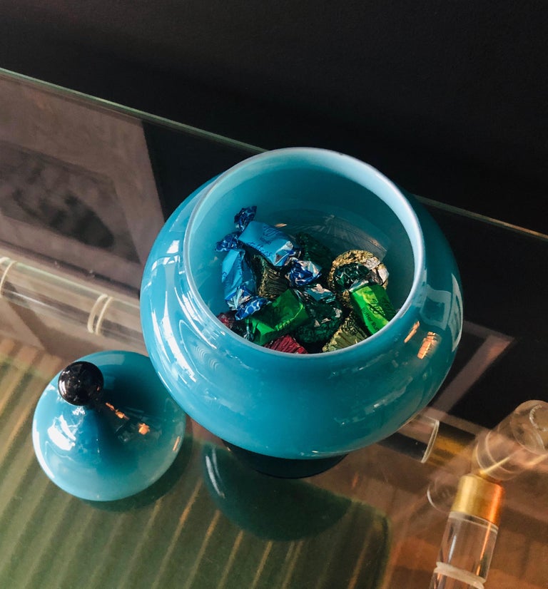Turquoise Blue Blown Italian Murano Glass Stemmed Candy Dish with ...