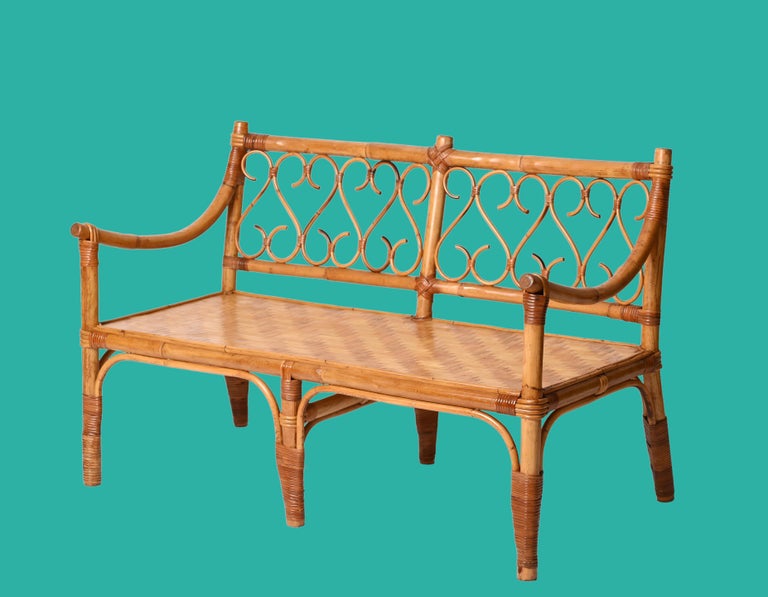 Mid Century Modern Italian Two Seat Rattan And Bamboo Sofa 1970s For