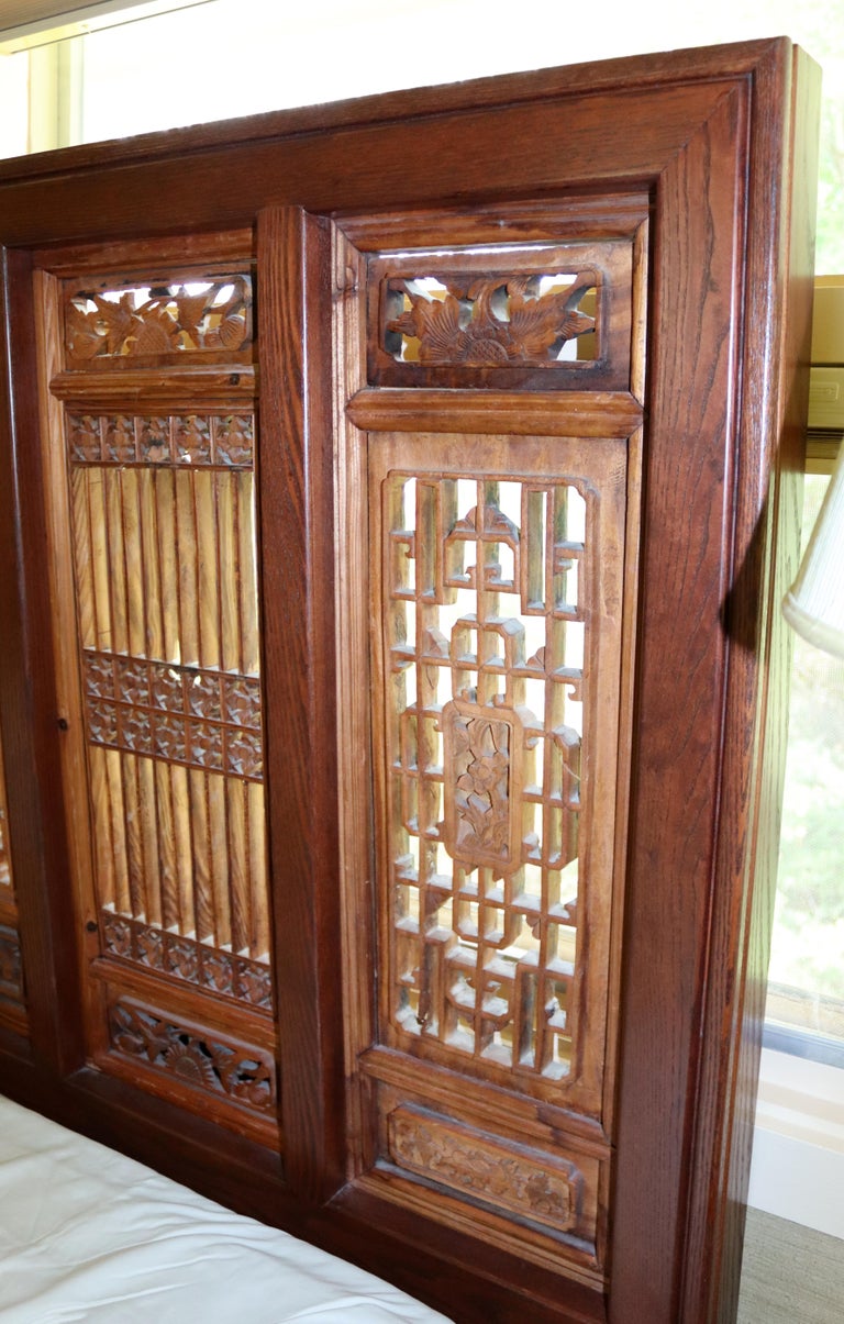Mid-Century Modern King Size Asian Carved Wood Screen Headboard, 1970s ...