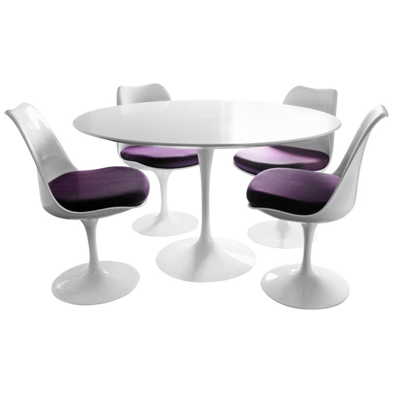 Mid-Century Modern Knoll Style White Tulip Dining Set Table 4 Chairs ...