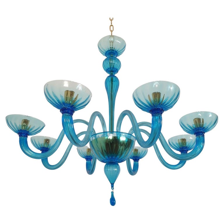 Mid-Century Modern Large Blue Murano Glass Chandelier - Venini Style ...