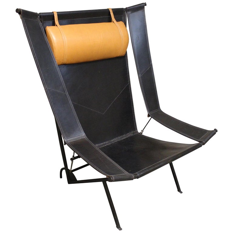 Mid-Century Modern Leather Wingback Lounge Chair with Leather Headrest ...