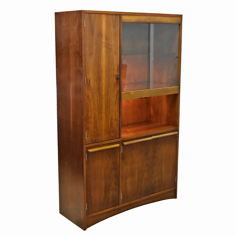 Mid-Century Modern Lighted Glass Door Walnut China Hutch Cabinet at 1stDibs