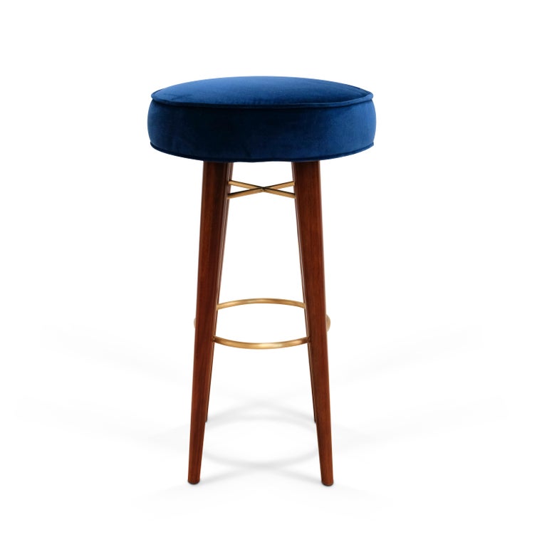 Mid-Century Modern Louis Bar Stool Walnut Wood Linen For Sale at 1stDibs