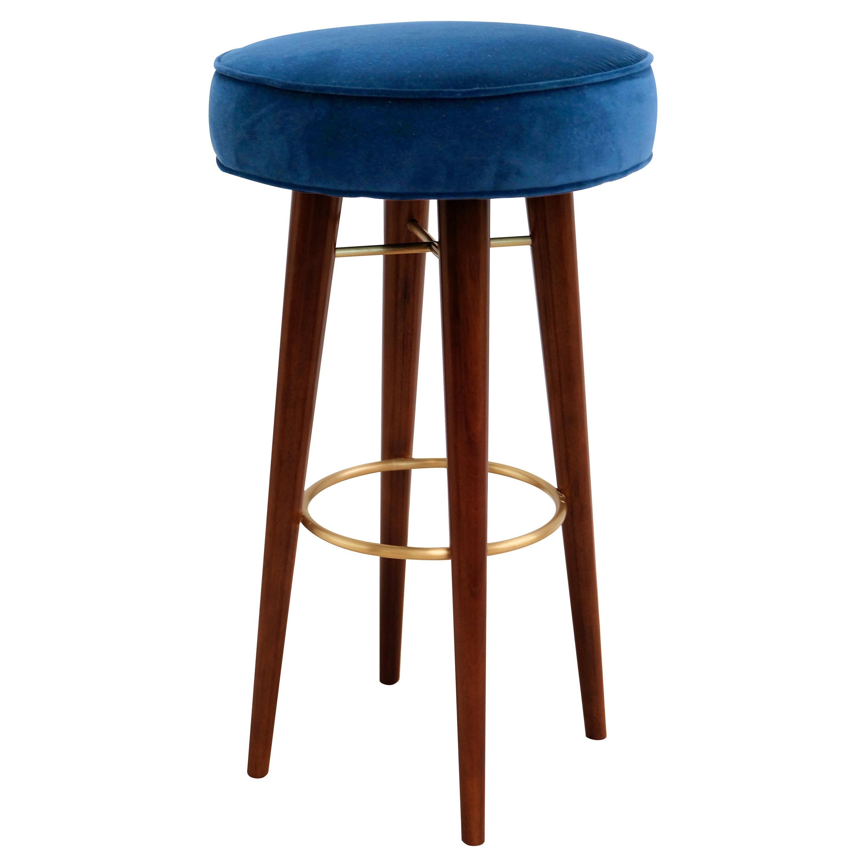 Mid-Century Modern Louis Bar Stool Walnut Wood Linen For Sale at 1stDibs
