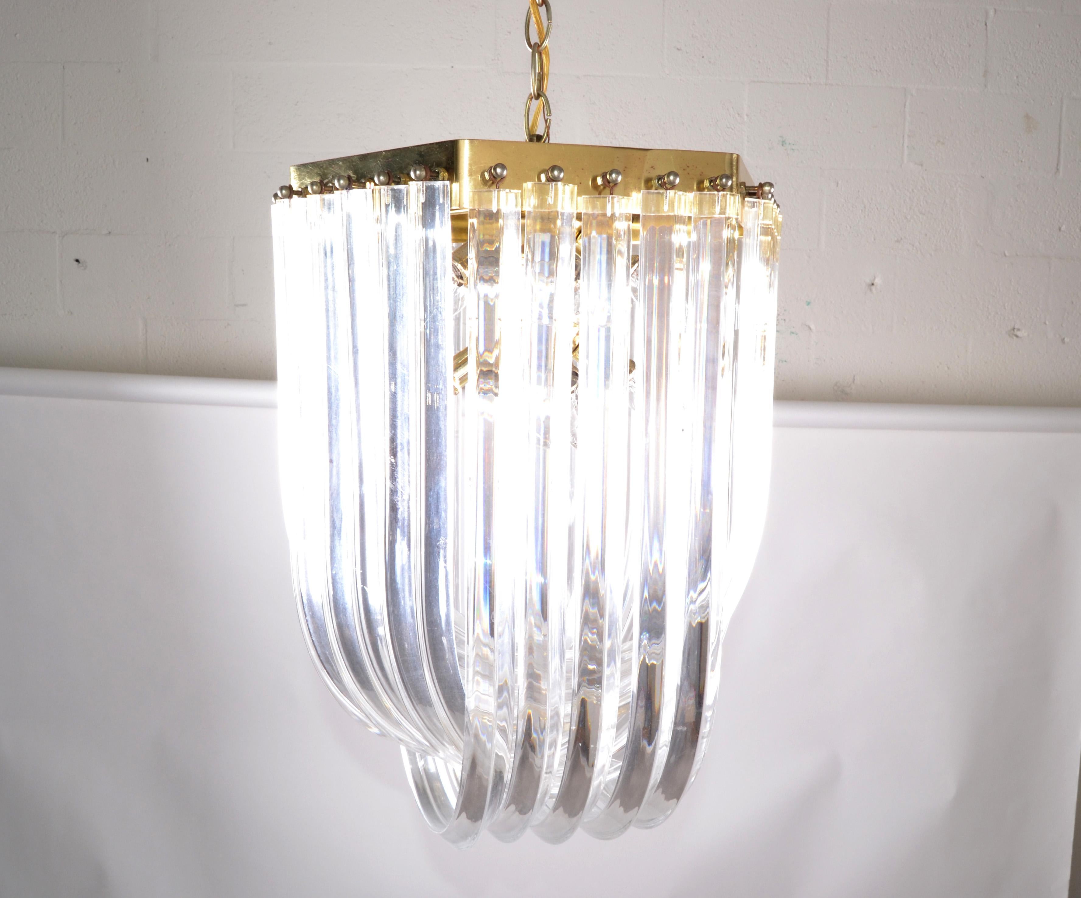 Mid-Century Modern Lucite and Brass Ribbon Chandelier with Canopy For ...