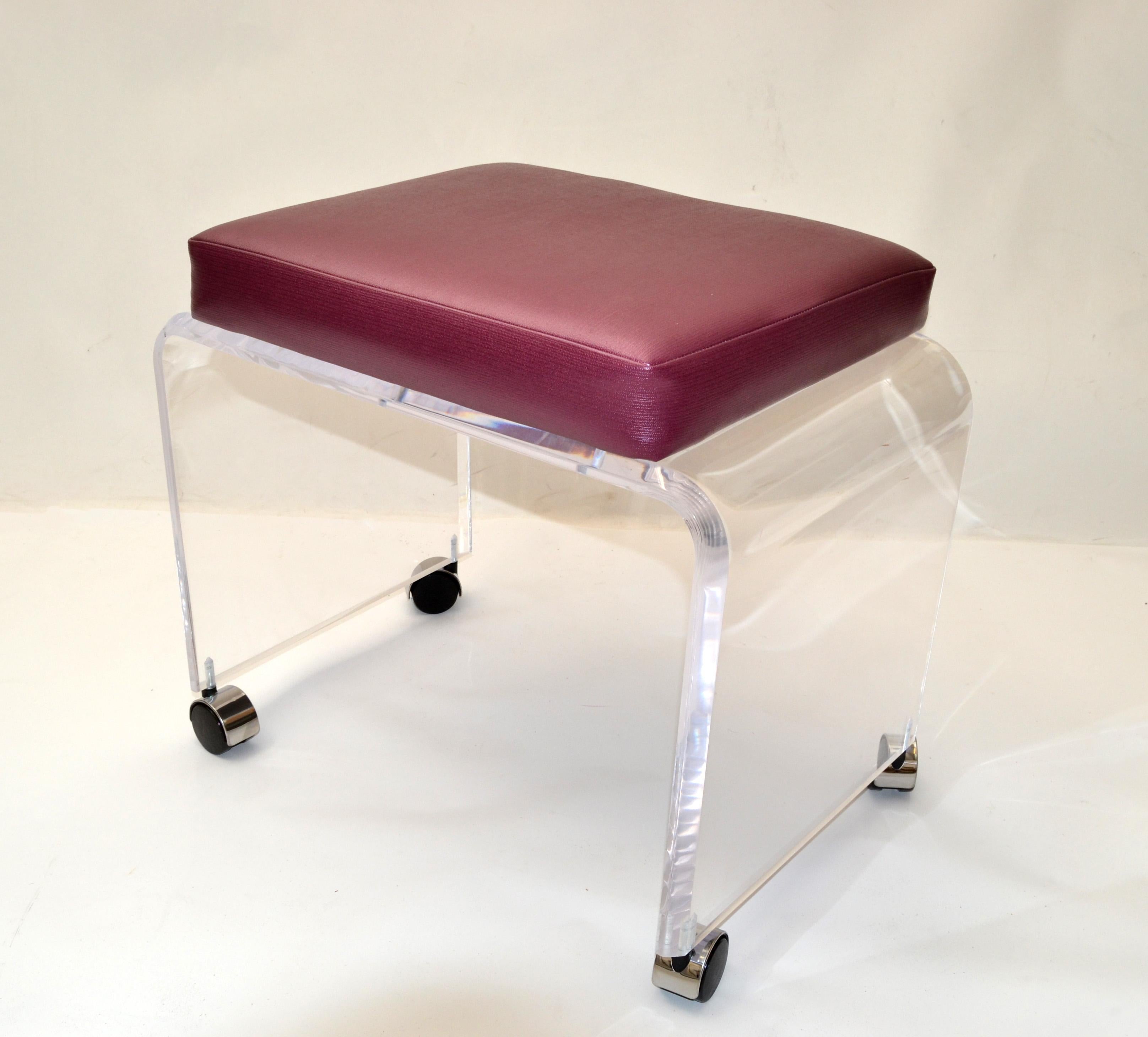 Mid-Century Modern Lucite Stool, Vanity Stool Magenta Vinyl Seat Chrome ...