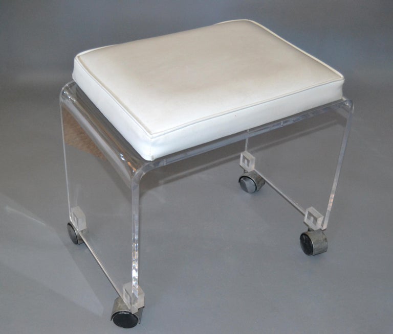 Mid-Century Modern Lucite Stool, Vanity Stool White Vinyl Seat on ...