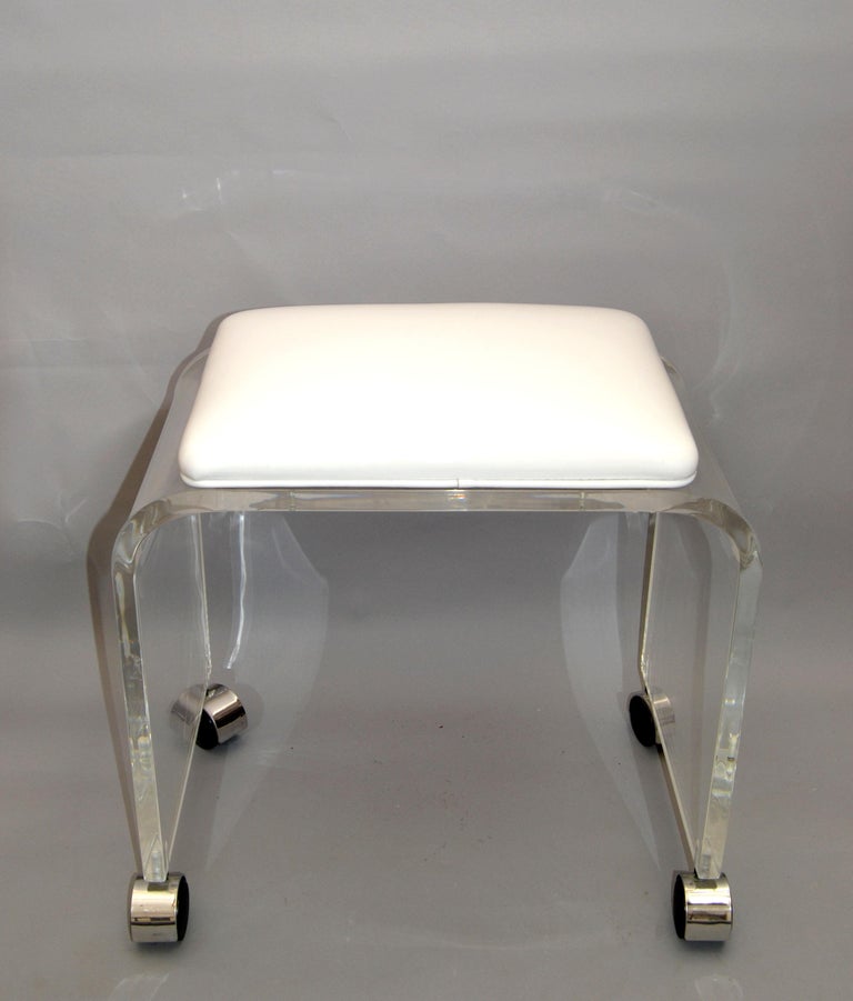 Mid-Century Modern Lucite Stool, Vanity Stool White Vinyl Seat on ...