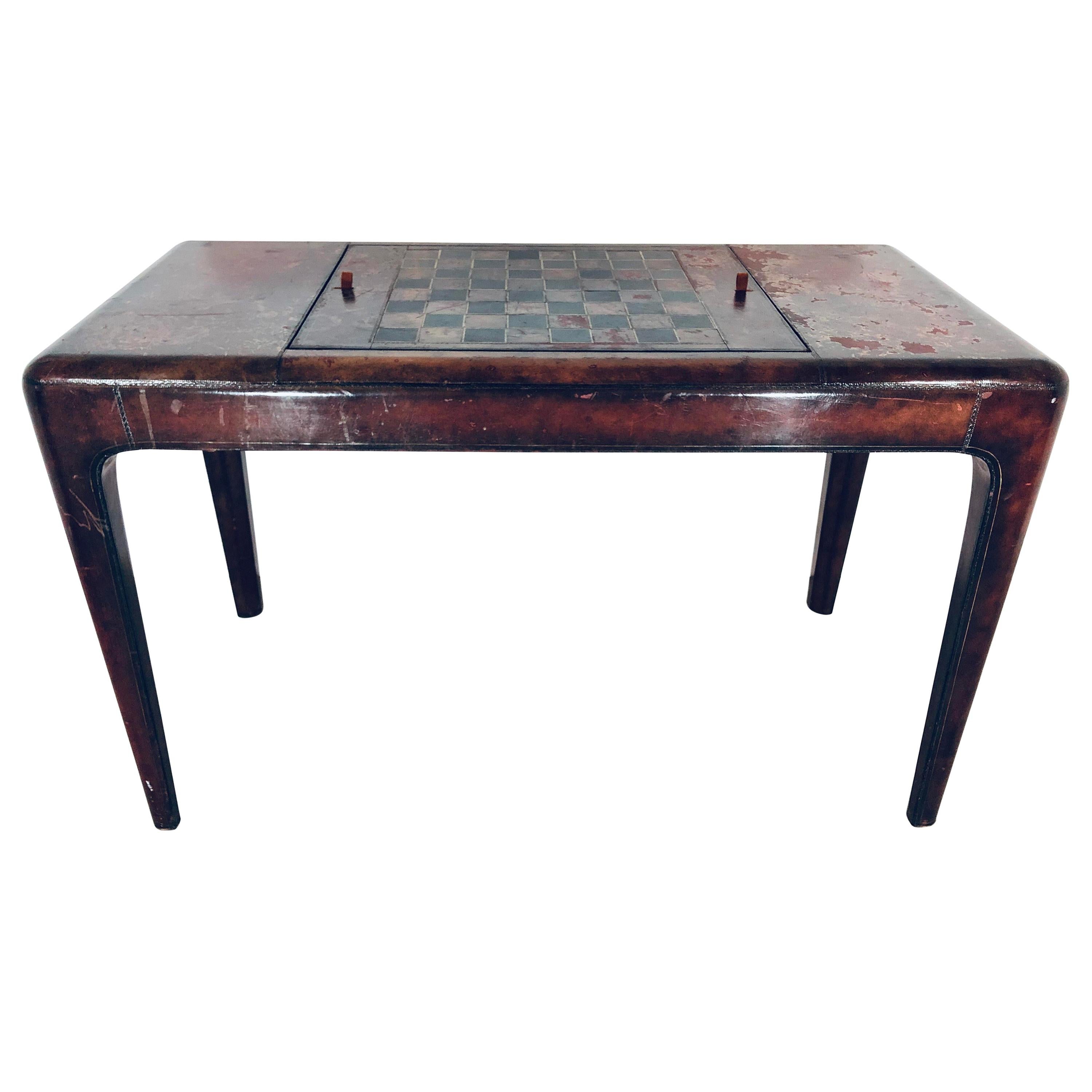 Mid-Century Modern Maitland Smith Distressed Leather Game Table at 1stDibs