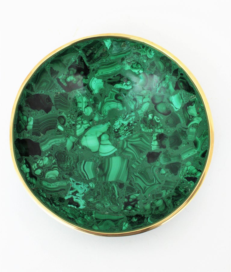 Mid-Century Modern Malachite Round Bowl or Vide-Poche with Polished ...