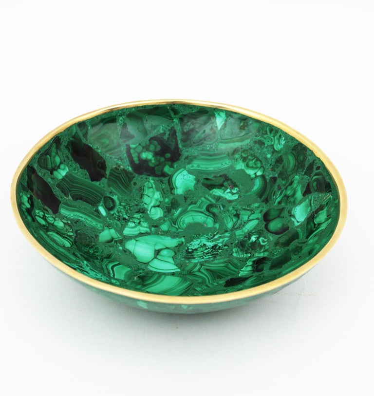 Mid-Century Modern Malachite Round Bowl or Vide-Poche with Polished ...
