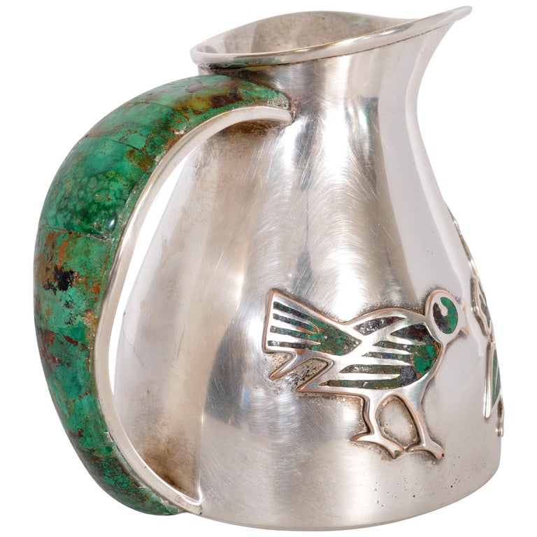 Mid-Century Modern Mexican Taxco Los Castillo Silver Malachite Pitcher ...