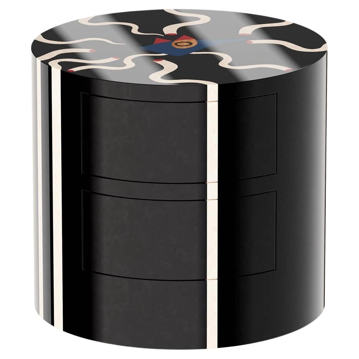 Mid-Century Modern Miró Inspo Round Bedside Table Drawers Black Wood ...