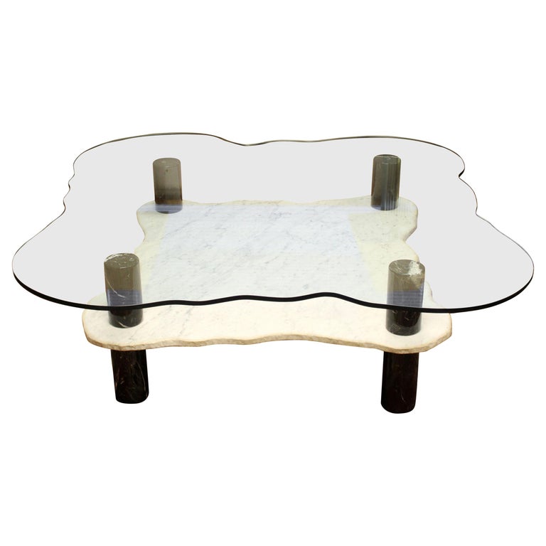 Mid-Century Modern Monumental Marble and Glass Two-Tier Coffee Table by ...